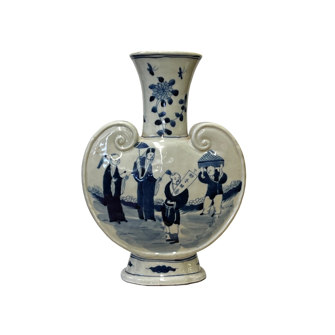 Chinese Blue White Porcelain Ru Yi Flat Body People Theme Vase Ws2996e ...