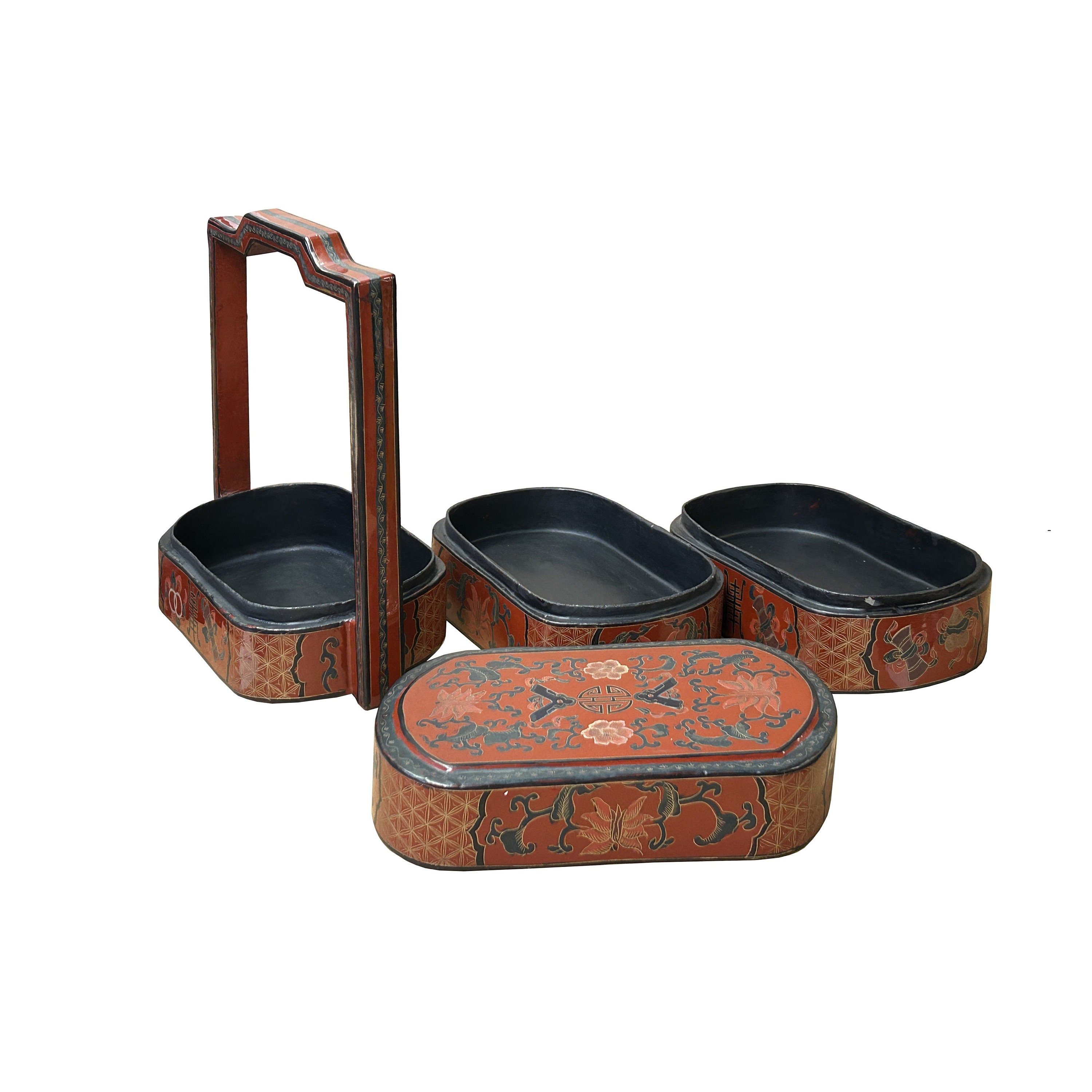 Chinese Brick Red Lacquer Color Treasure Graphic Stack Box Basket ...