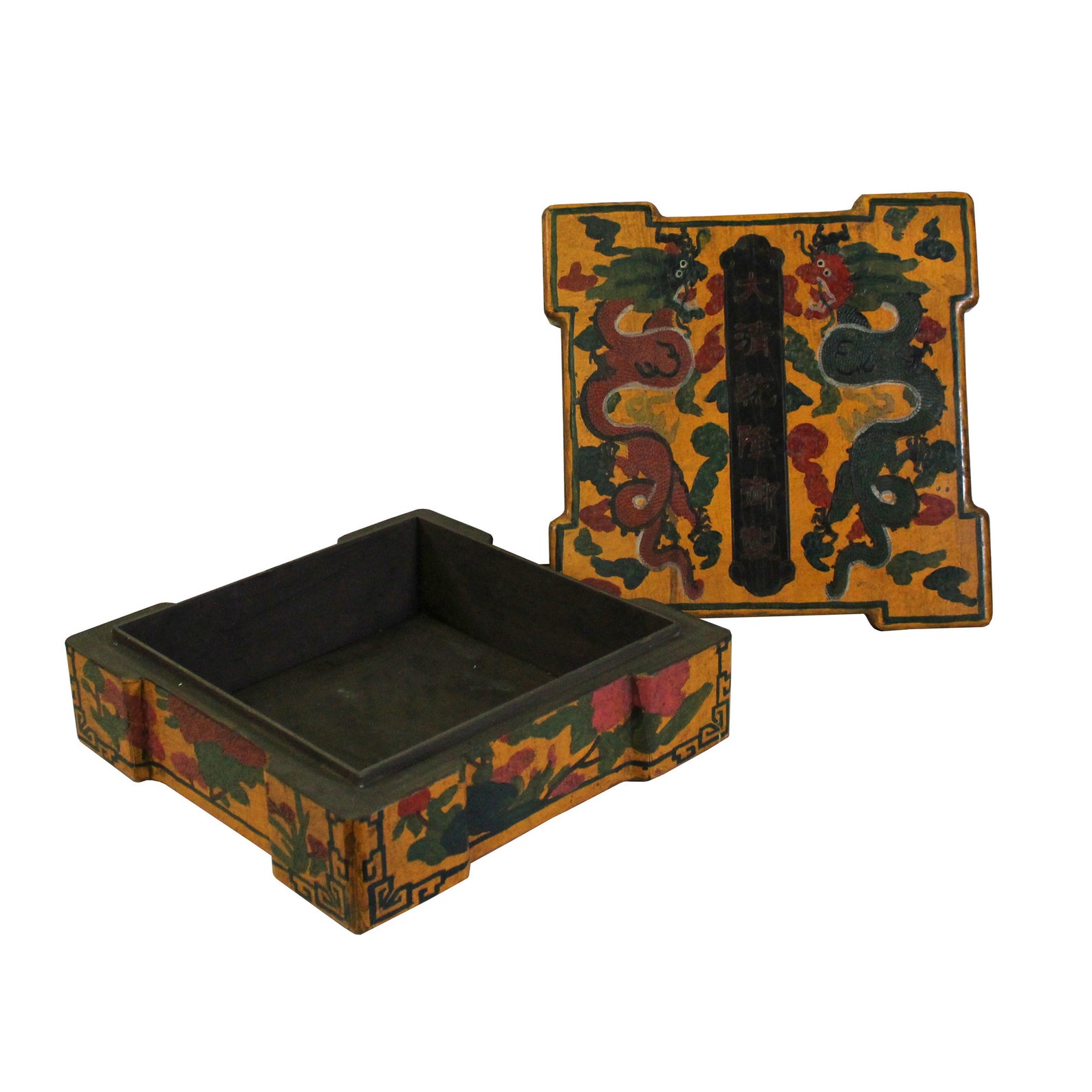 Chinese Distressed Yellow Lacquer Chinoiserie Color Square Painting Box ...