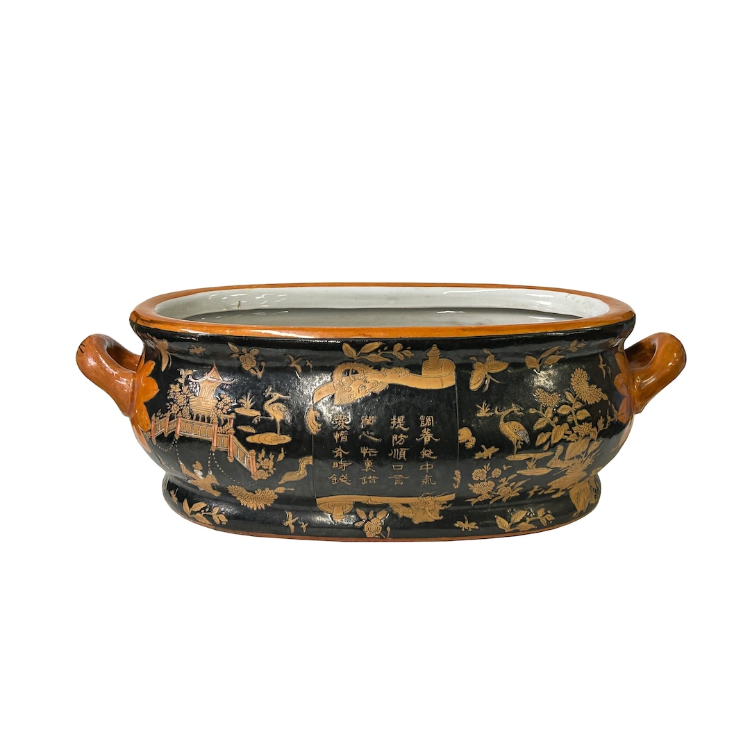 Vintage Chinese Black Copper Scenery Graphic Ceramic Oval Bowl Pot ...