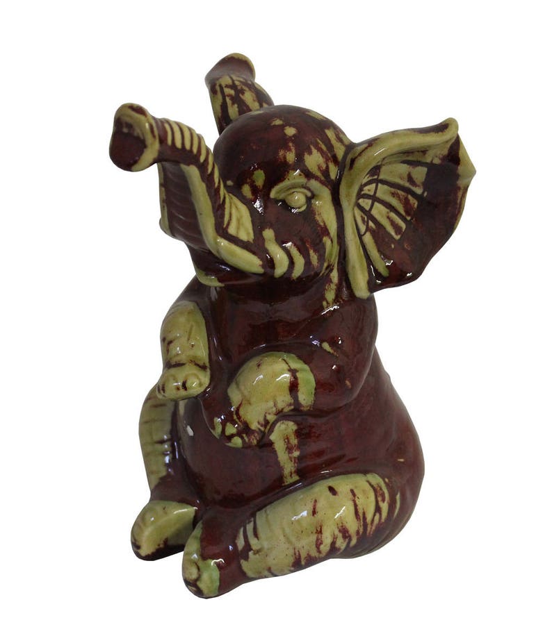 Ceramic Dark Red Baby Elephant Figure Seating Position With Trunk Rise ...