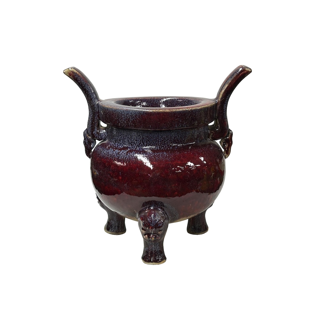 Orient Flame Oxblood Red Tri-leg Ding Shape Ceramic Vase Container ...