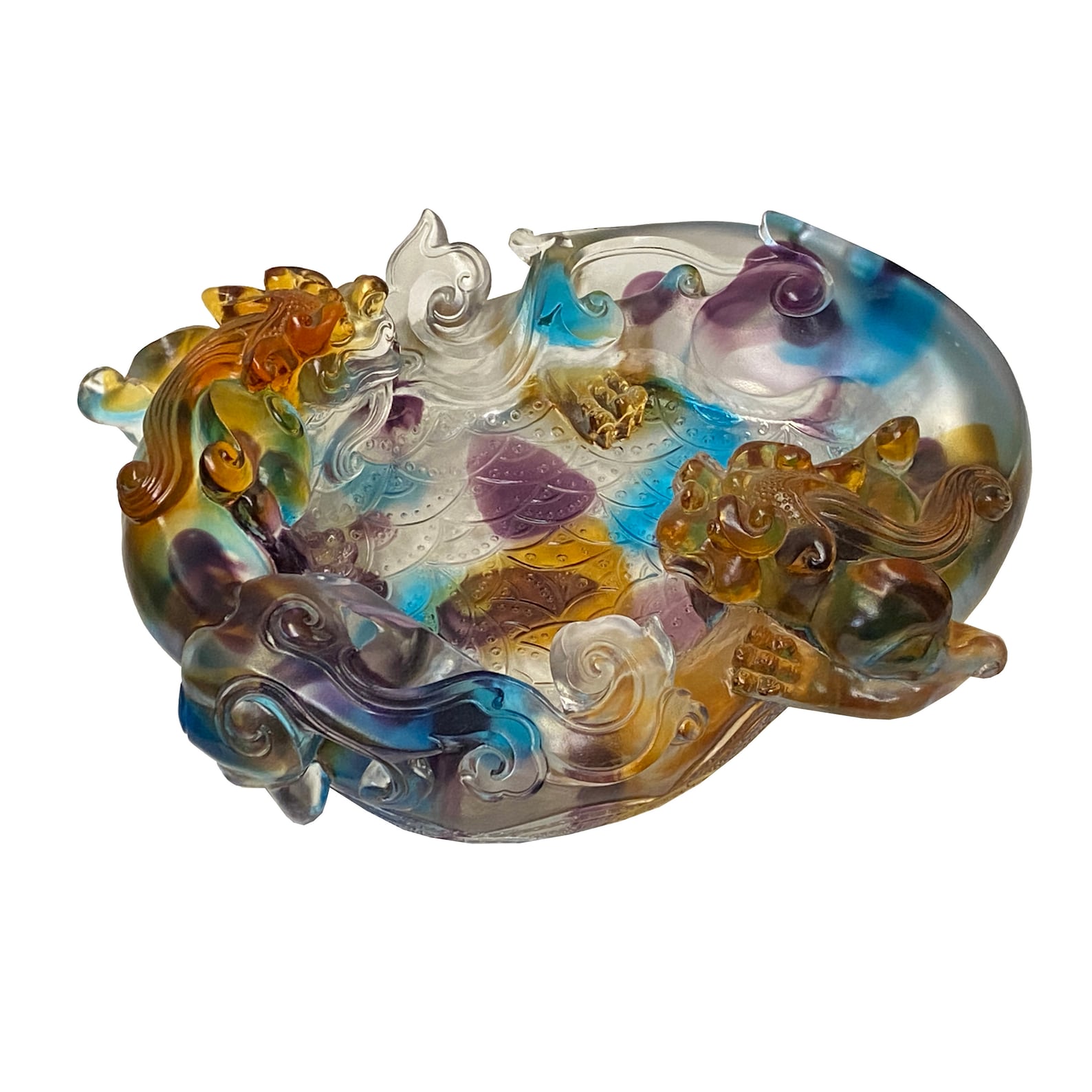Chinese Liuli Crystal Glass Pate-de-verre Pixiu Dragon Bowl Display ...