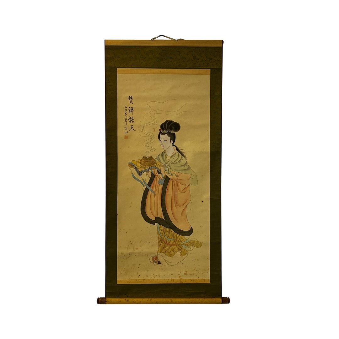 Chinese Color Ink Tong Style Lady Portrait Scroll Painting Wall Art ...