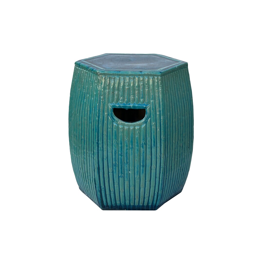 Chinese Hexagon Bamboo Theme Turquoise Green Ceramic Clay Garden Stool ...