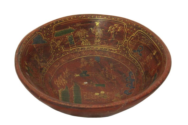 Handmade Vintage Reproduction Chinese Red Wood Bowl With Gold Painted ...
