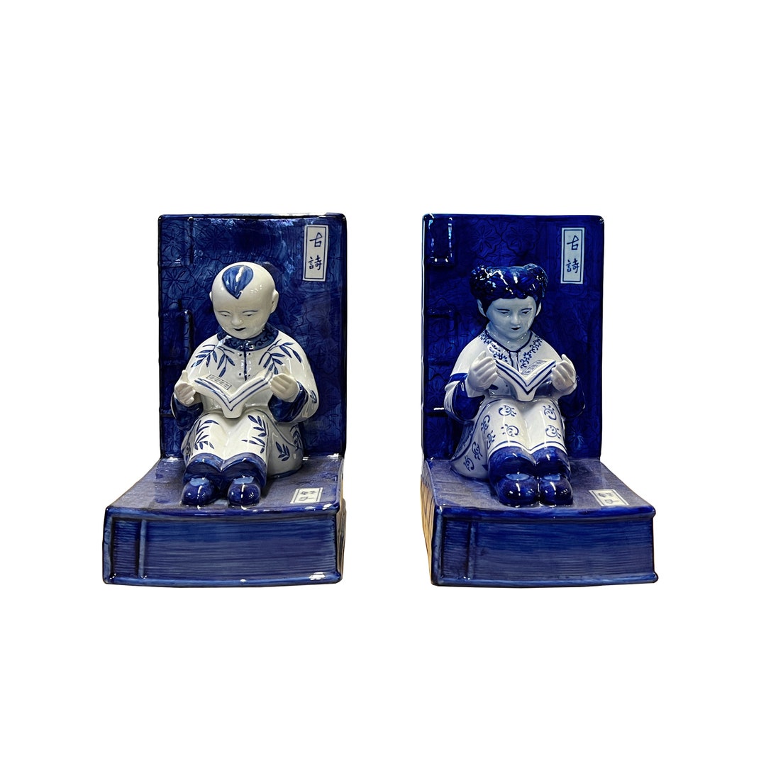 Porcelain Blue & White Kid Reading Book Figure Bookend Stopper Ws2707e ...