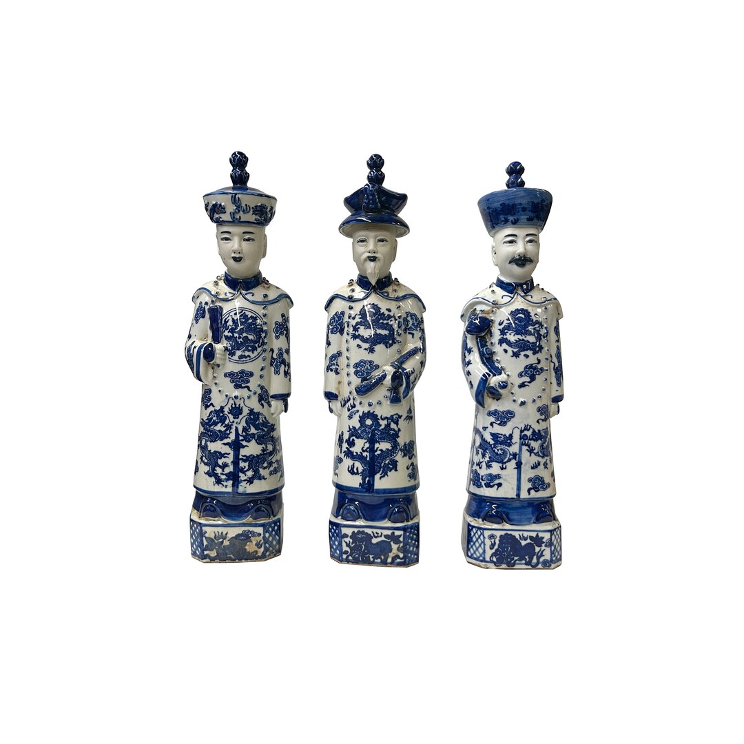 15.5" Chinese Blue White 3 Standing Ching Qing Emperor Kings Figure Set ...