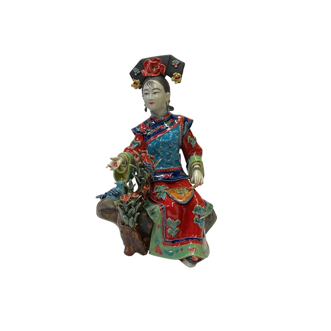Chinese Oriental Porcelain Qing Style Lady Figure Wearing Liangmao Hat ...
