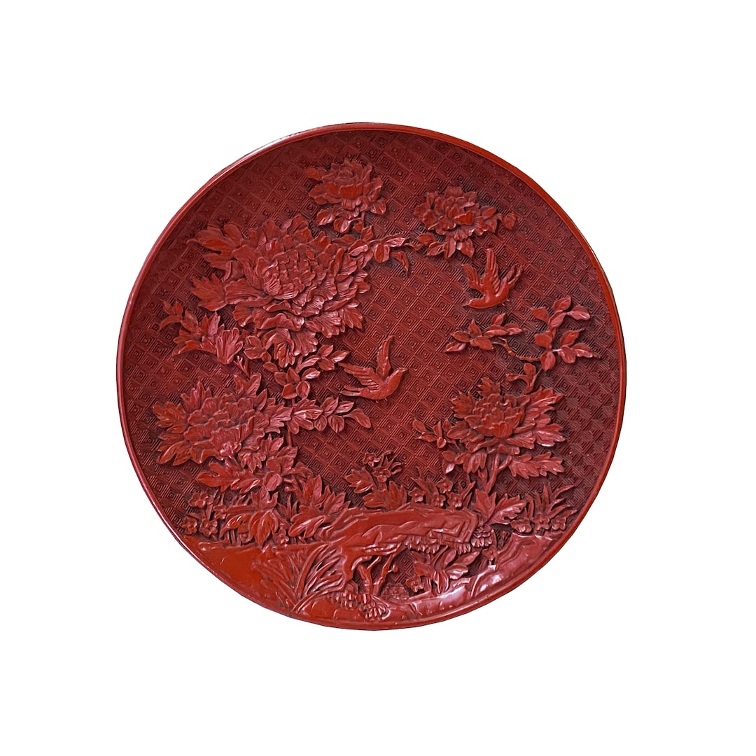 Chinese Red Resin Lacquer Round Flower Bird Relief Carving Accent Plate ...