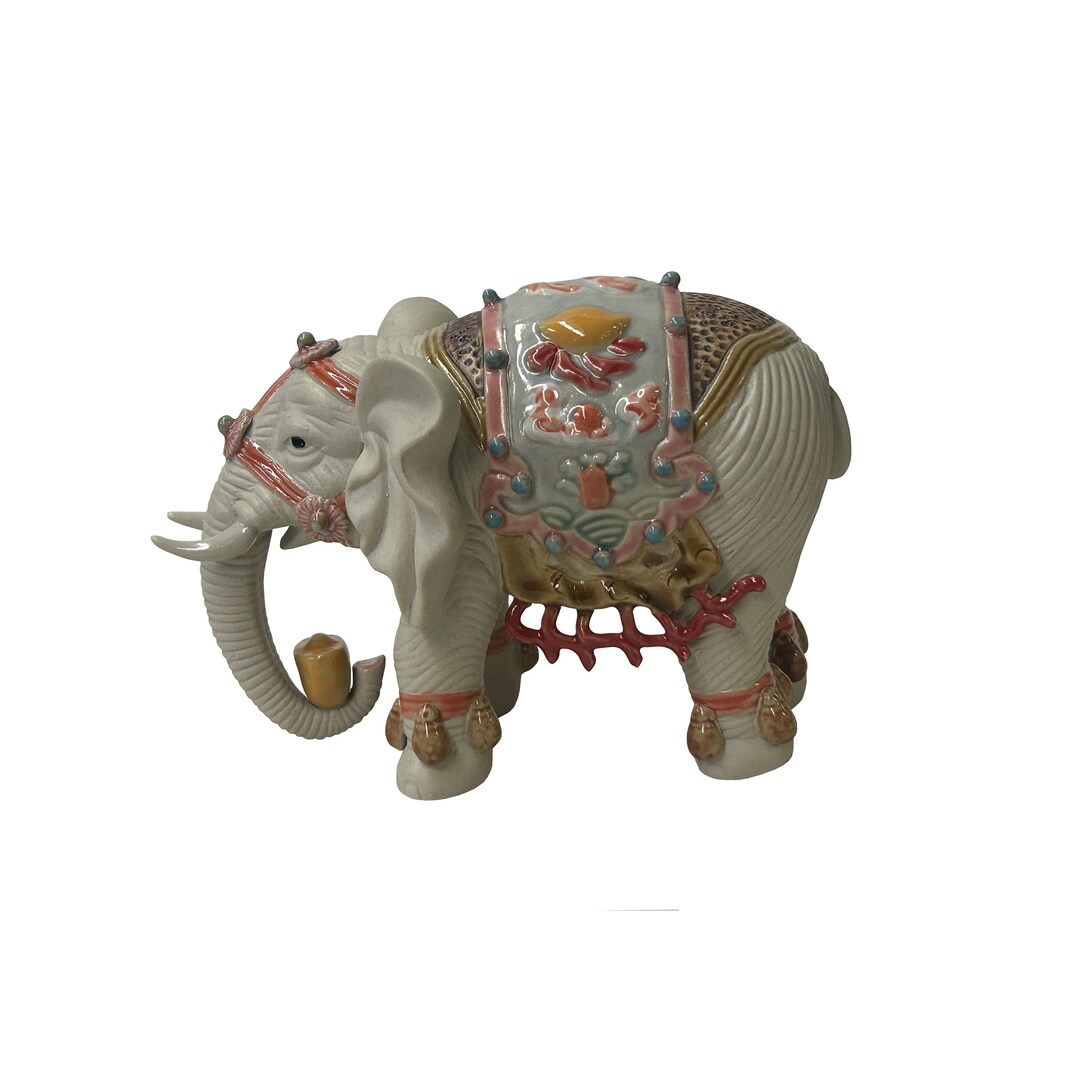 Ceramic Elephant Trunk Holding Ingot Delicate Accent Decor Figure ...