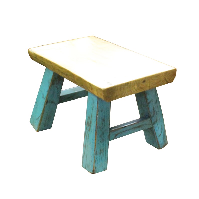 Raw Wood Top Finish Blue Legs Rectangular Short Stool Table Cs5604e - Etsy