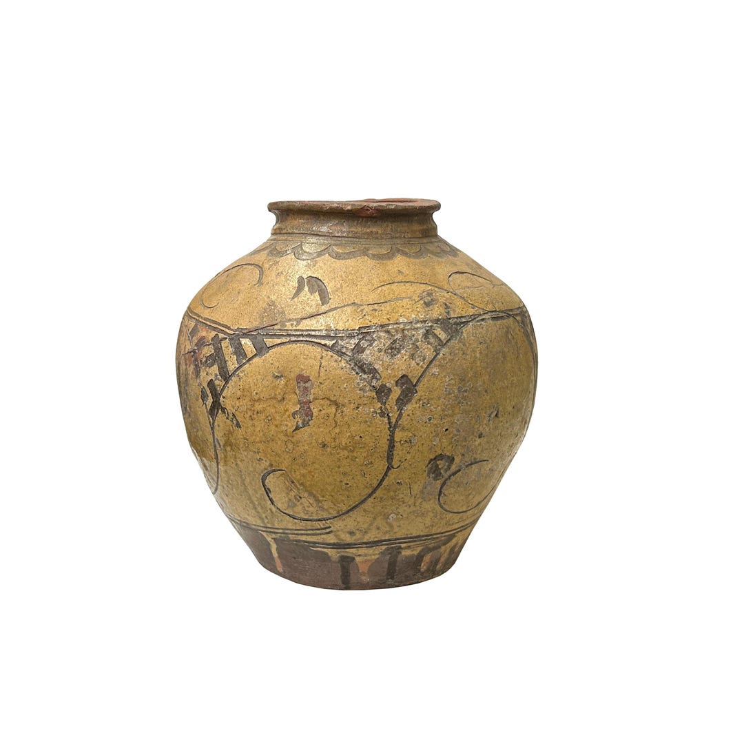 Vintage Earthy Beige Brown Village Rural Pottery Ceramic Pot Vase ...