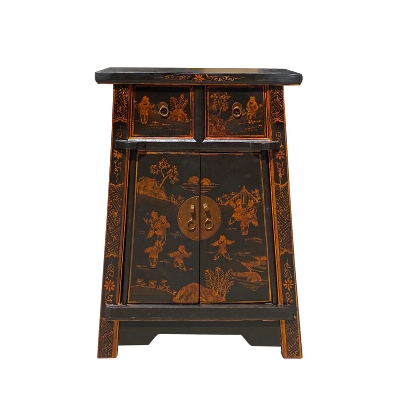 Chinese Rustic Black Copper Graphic End Table Nightstand - Etsy