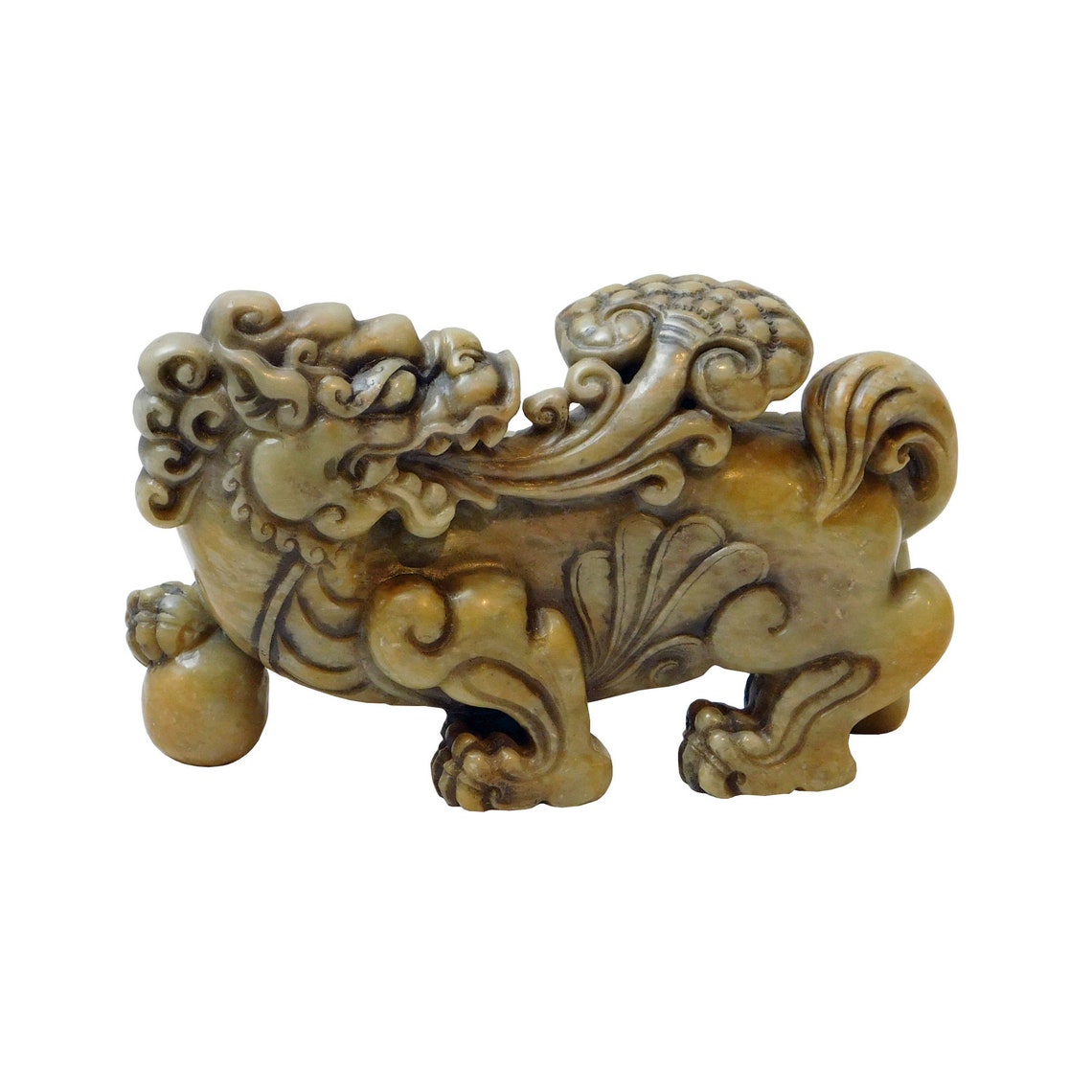 Asian Mythology Lucky Feng Shui Foo Dog Statue With Luyi and Globe ...