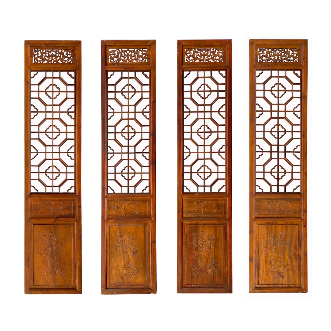 Chinese Brown Geometric Pattern Theme Wood Panel Floor Screen 4pcs ...