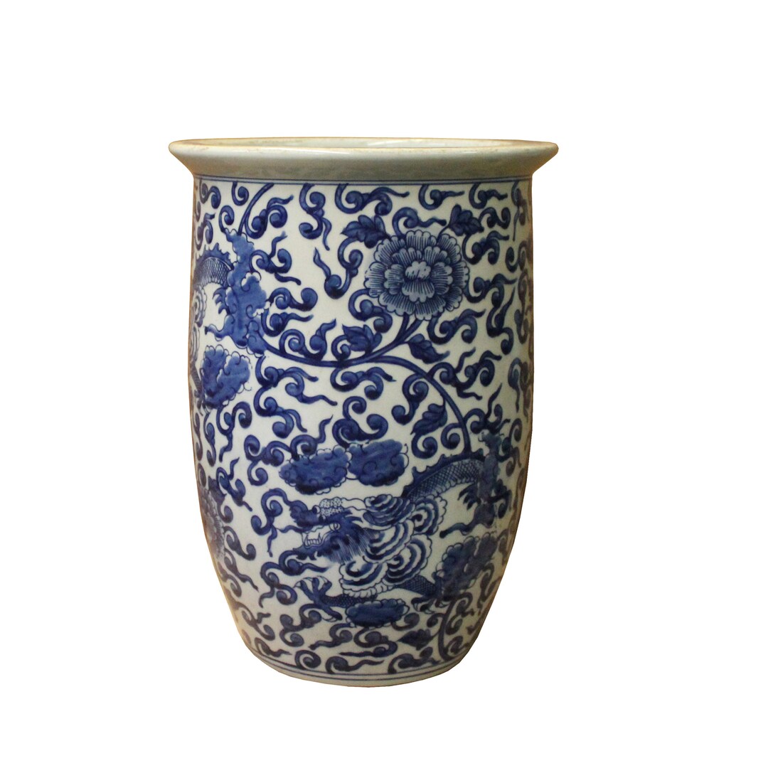 Chinese Blue White Double Dragons Scroll Pattern Tall Porcelain Pot ...