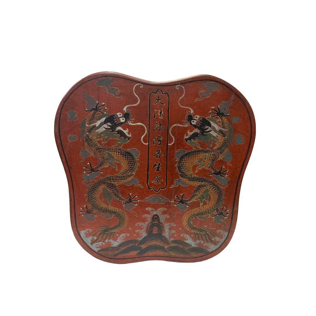 Chinese Distressed Brick Red Dragons Graphic Square Shape Box Ws3393e ...