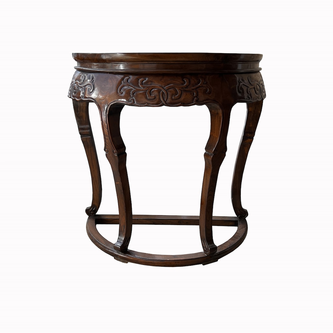 Vintage Chinese Brown Flower Carving Wood Half Round Pedestal Table ...