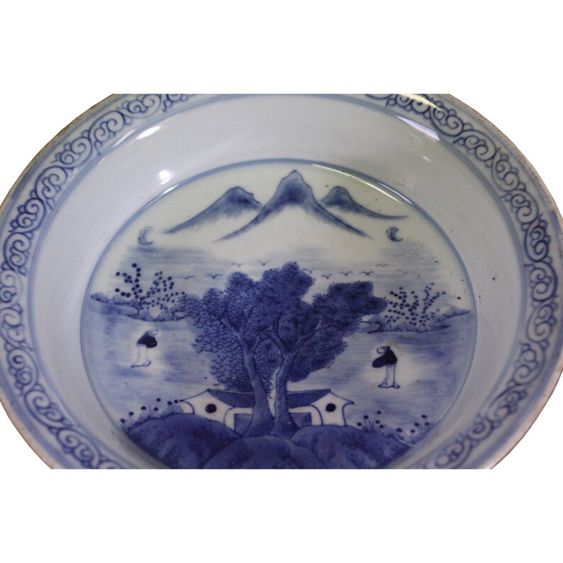 Chinese Blue White Ancient Scenery Fengshui Painting Porcelain Plate ...