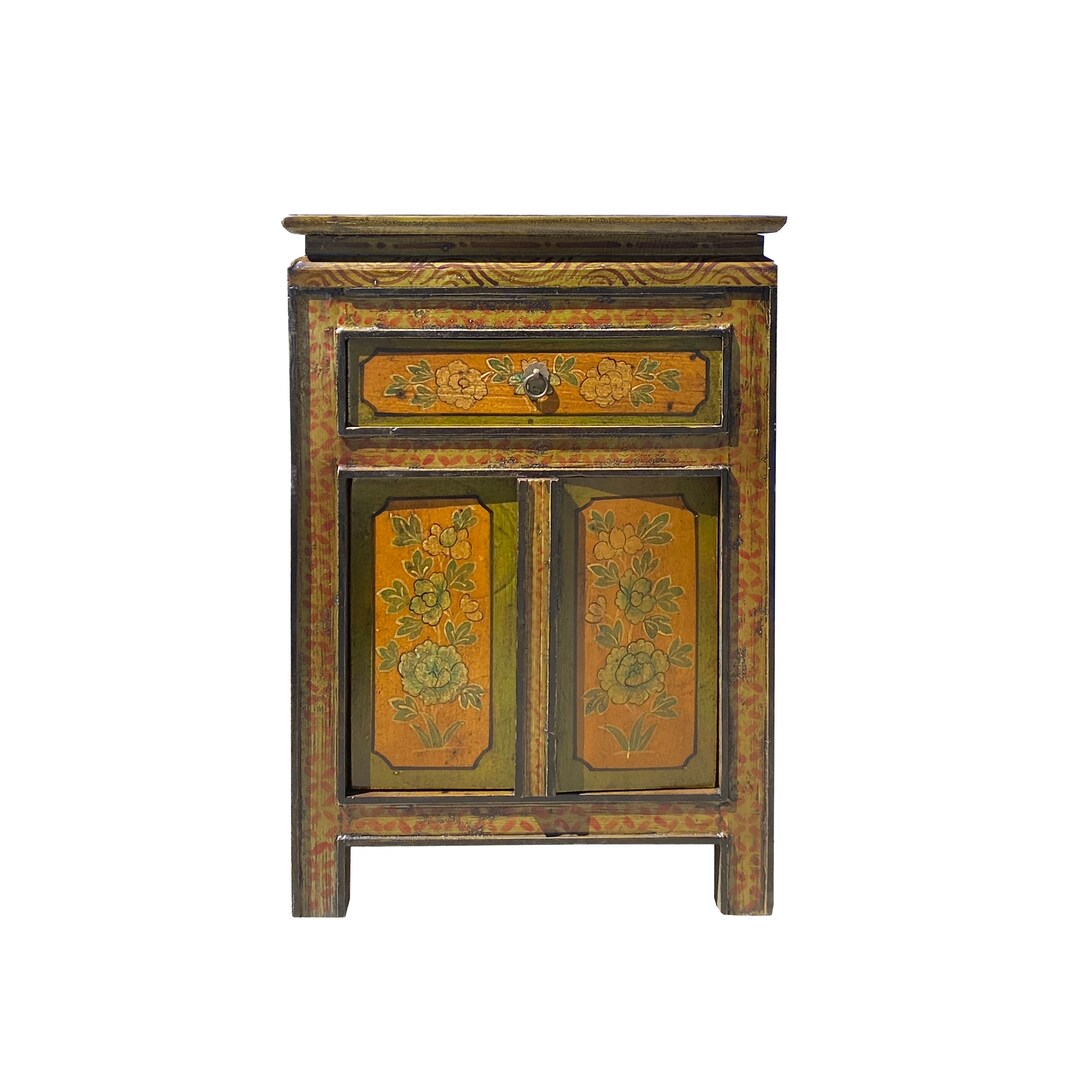 Rustic Olive Green Mustard Yellow Floral Graphic End Table Nightstand ...