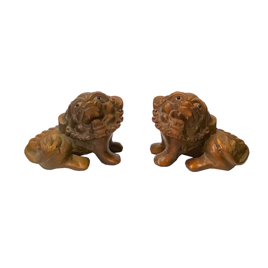 Chinese Pair Wood Carved Mini Foo Dog Lion Fengshui Figures Ws2365e - Etsy