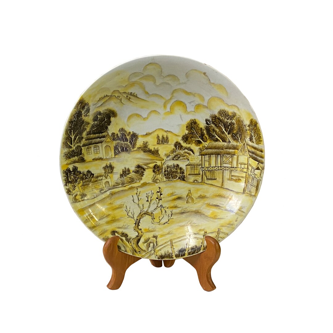 Chinese Yellow White Village Tree Graphic Porcelain Decor Plate Ws3300e ...