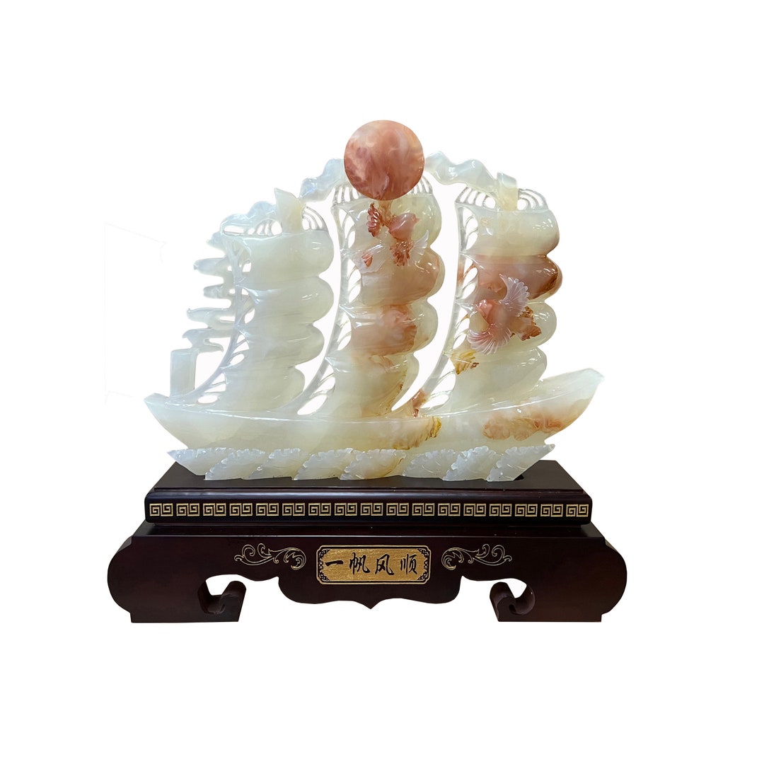 Chinese White Jade Stone Flags Ship Vessel Fengshui Display Figure ...