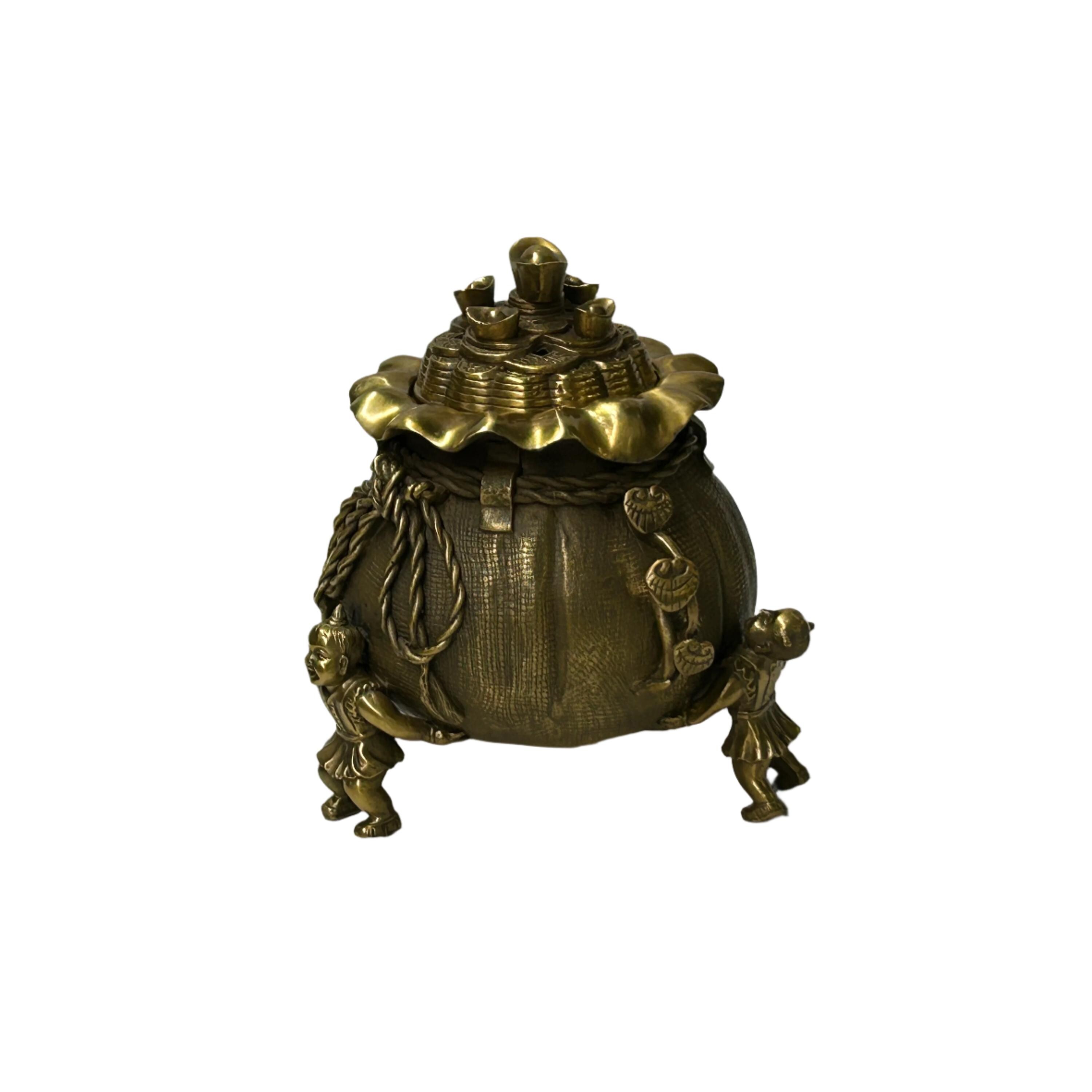 Vintage Bronze Metal Treasure Bag Ding Shape Incense Burner Display Art ...
