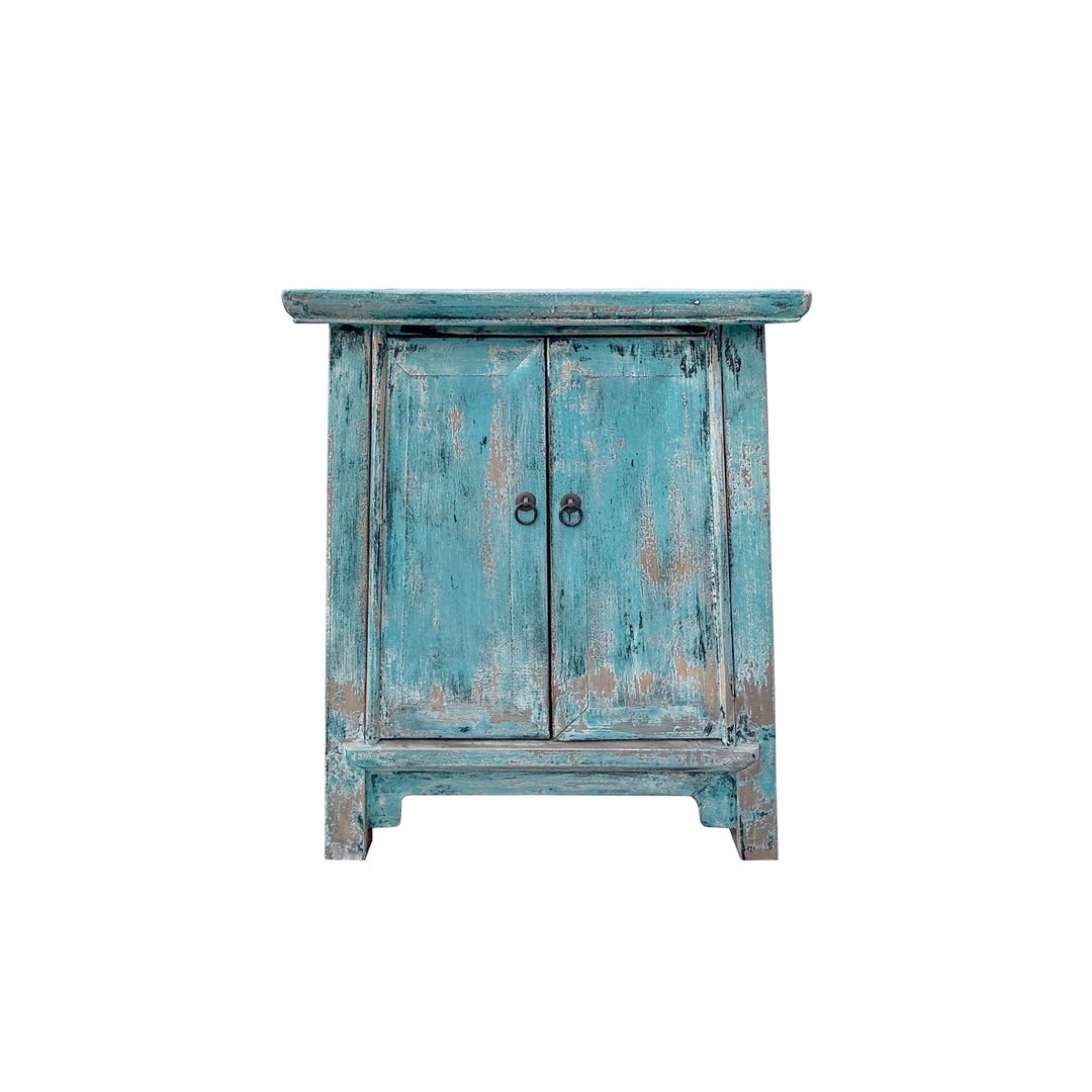 Distressed Pastel Blue Stone Top Doors Flared Legs End Table Nightstand ...