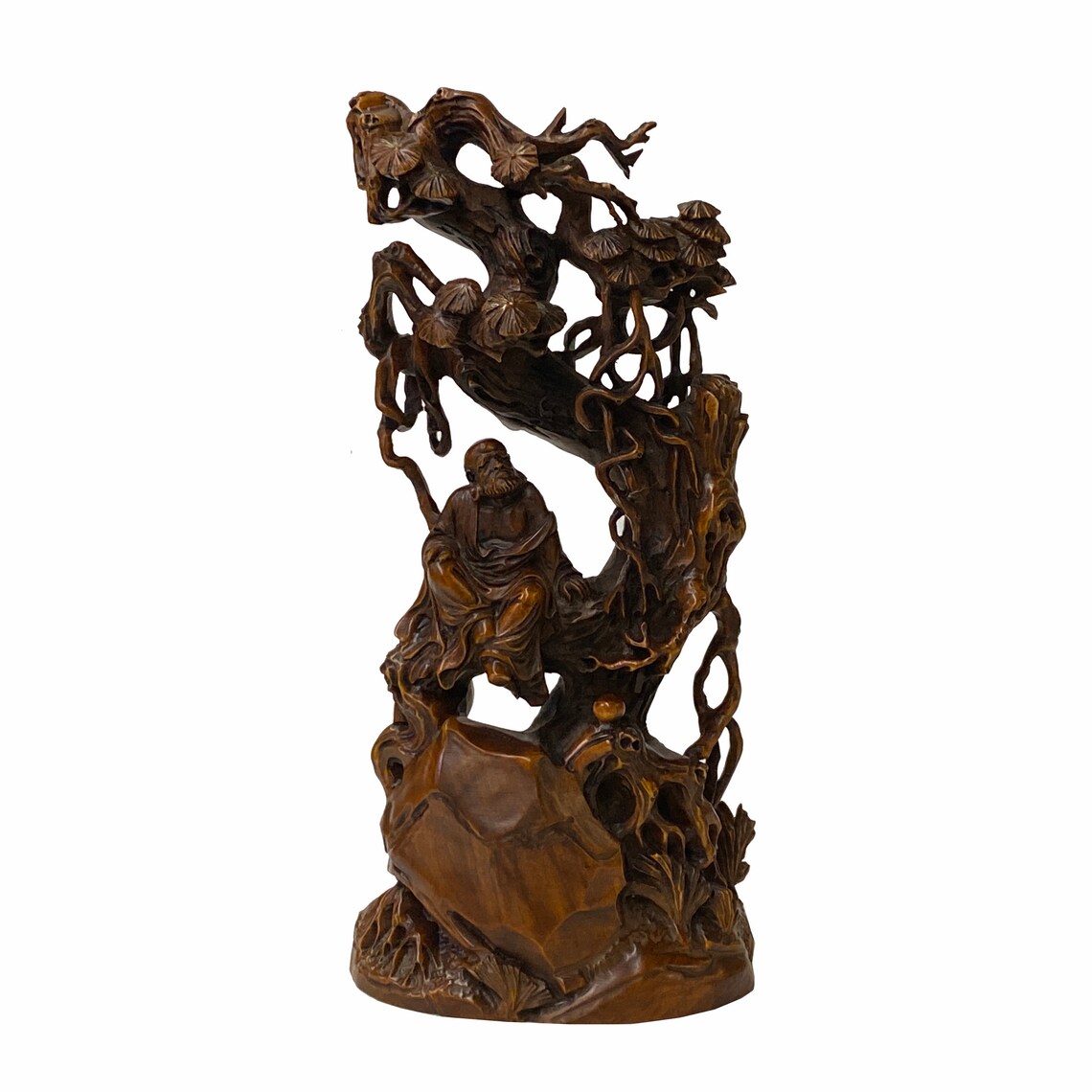 Chinese Oriental Wood Old Man on Tree Carving Display Figure - Etsy