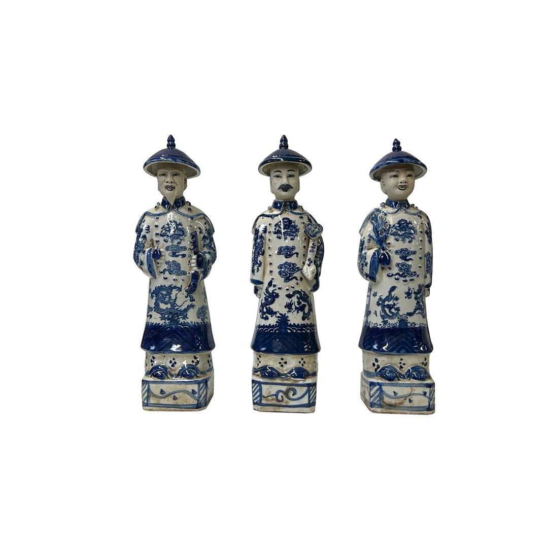 12.5 Chinese Blue White 3 Standing Ching Qing Emperor Kings Figure Set ...