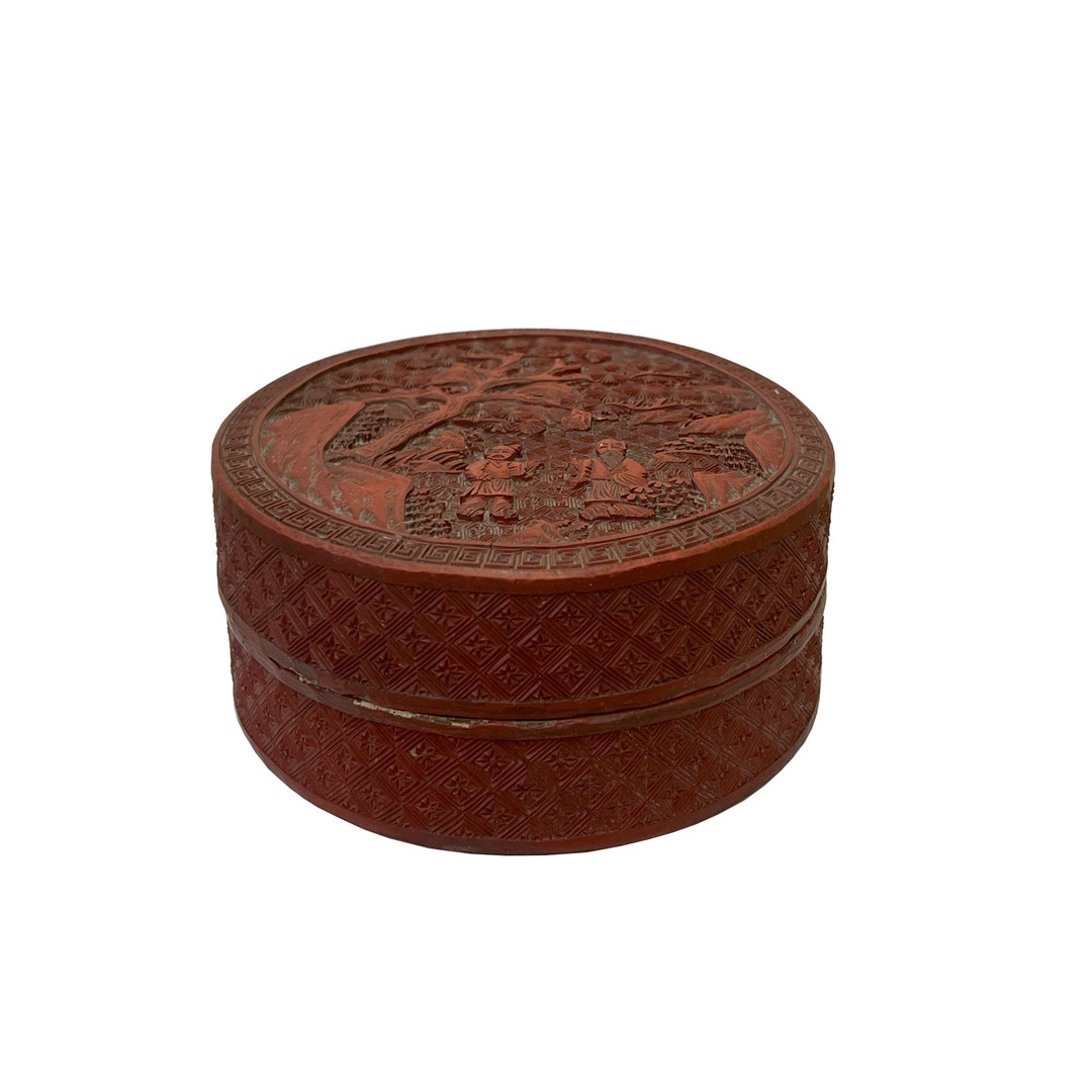 Vintage Chinese Red Resin Lacquer Round Carving Small Accent Box ...