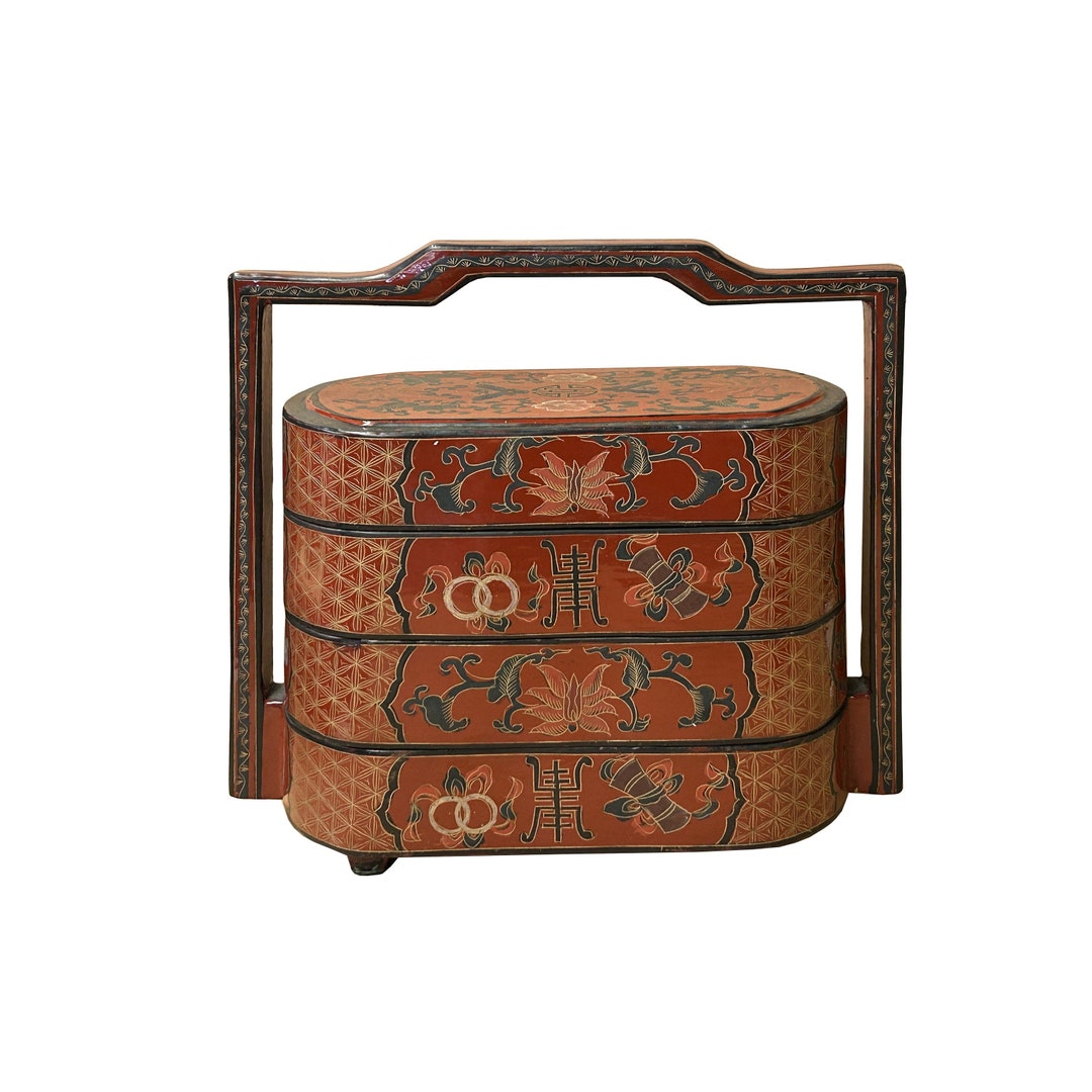 Chinese Brick Red Lacquer Color Treasure Graphic Stack Box Basket ...