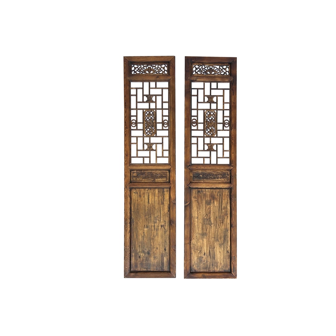 Pair Vintage Tall Flower Bird Geometric Pattern Raw Wood Door Panels ...