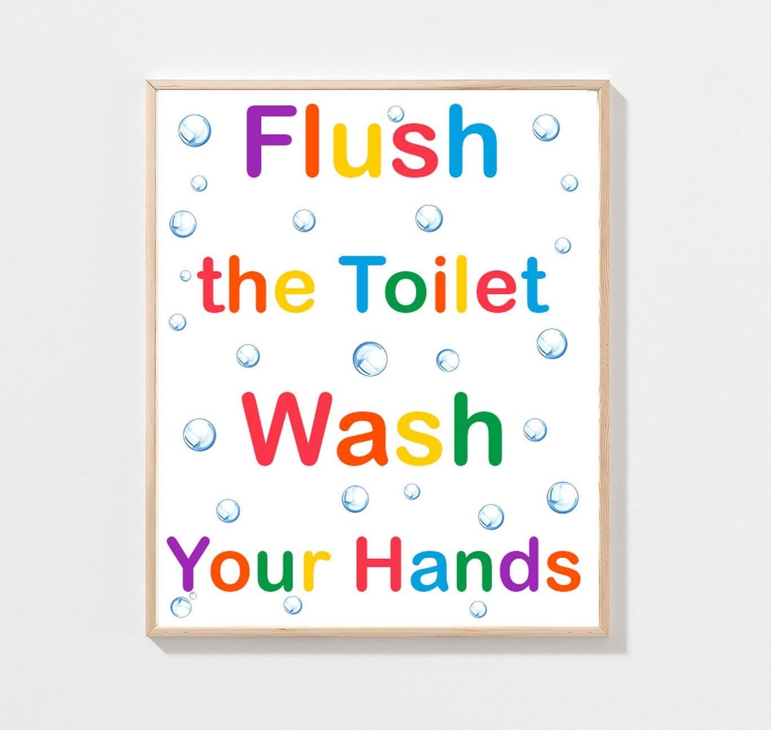 Flush the Toilet Sign, Wash Your Hands Sign, Toddler Kids Bathroom ...