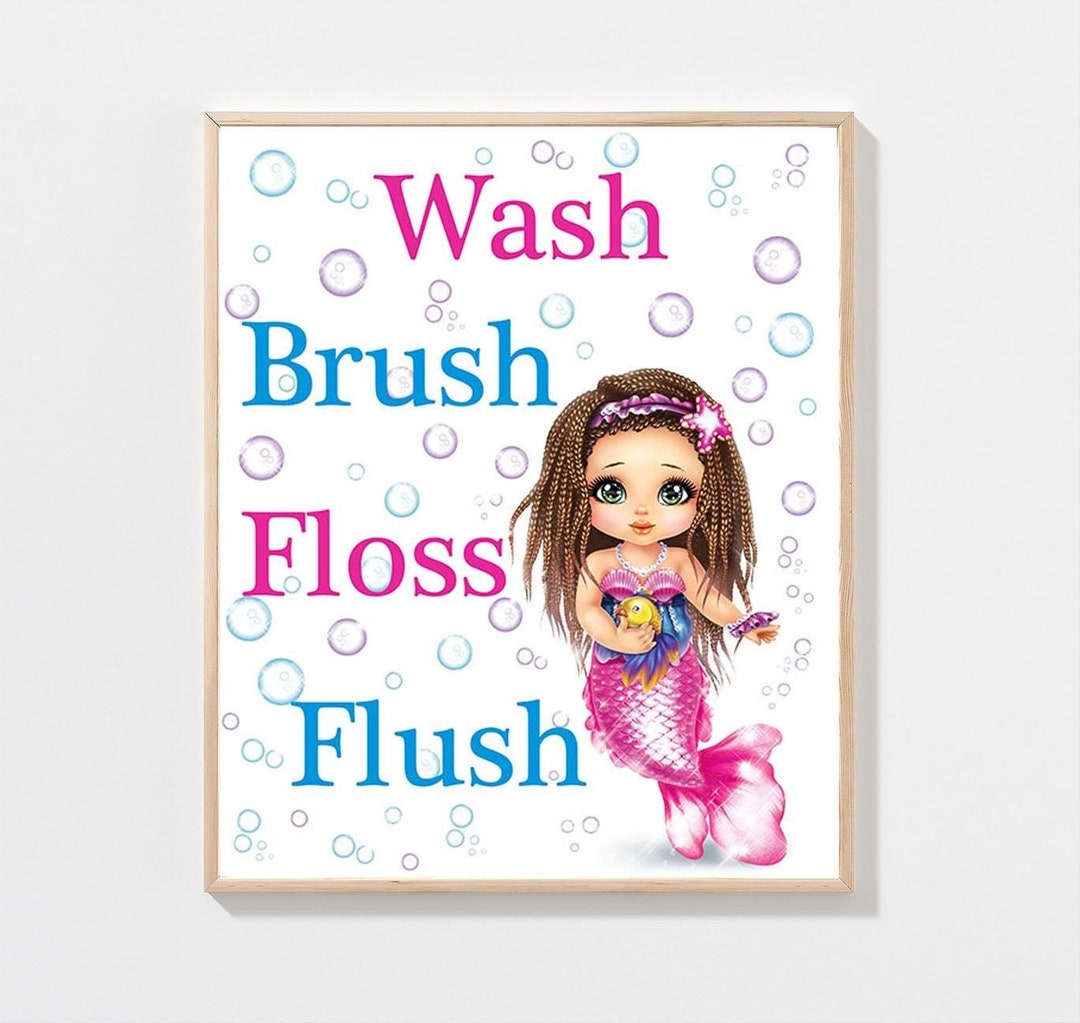Mermaid Bathroom Wall Decor, Girl Bathroom Sign Wash Brush Floss Flush ...