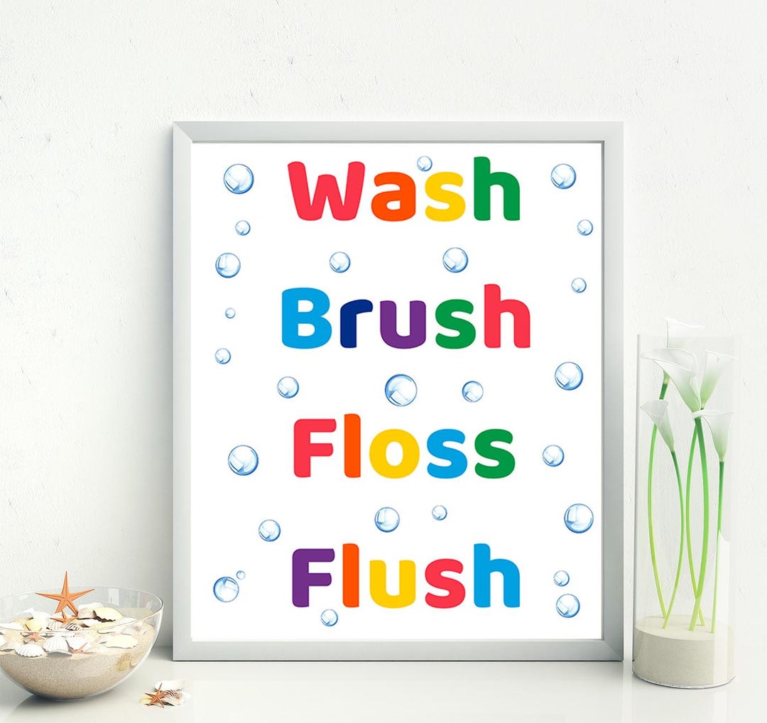 Rainbow Bathroom Decor, Wash Brush Floss Flush Poster, Kids Bathroom ...
