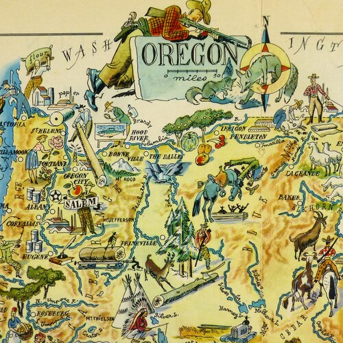 Oregon Original Vintage Pictorial Map small/postcard Size - Etsy