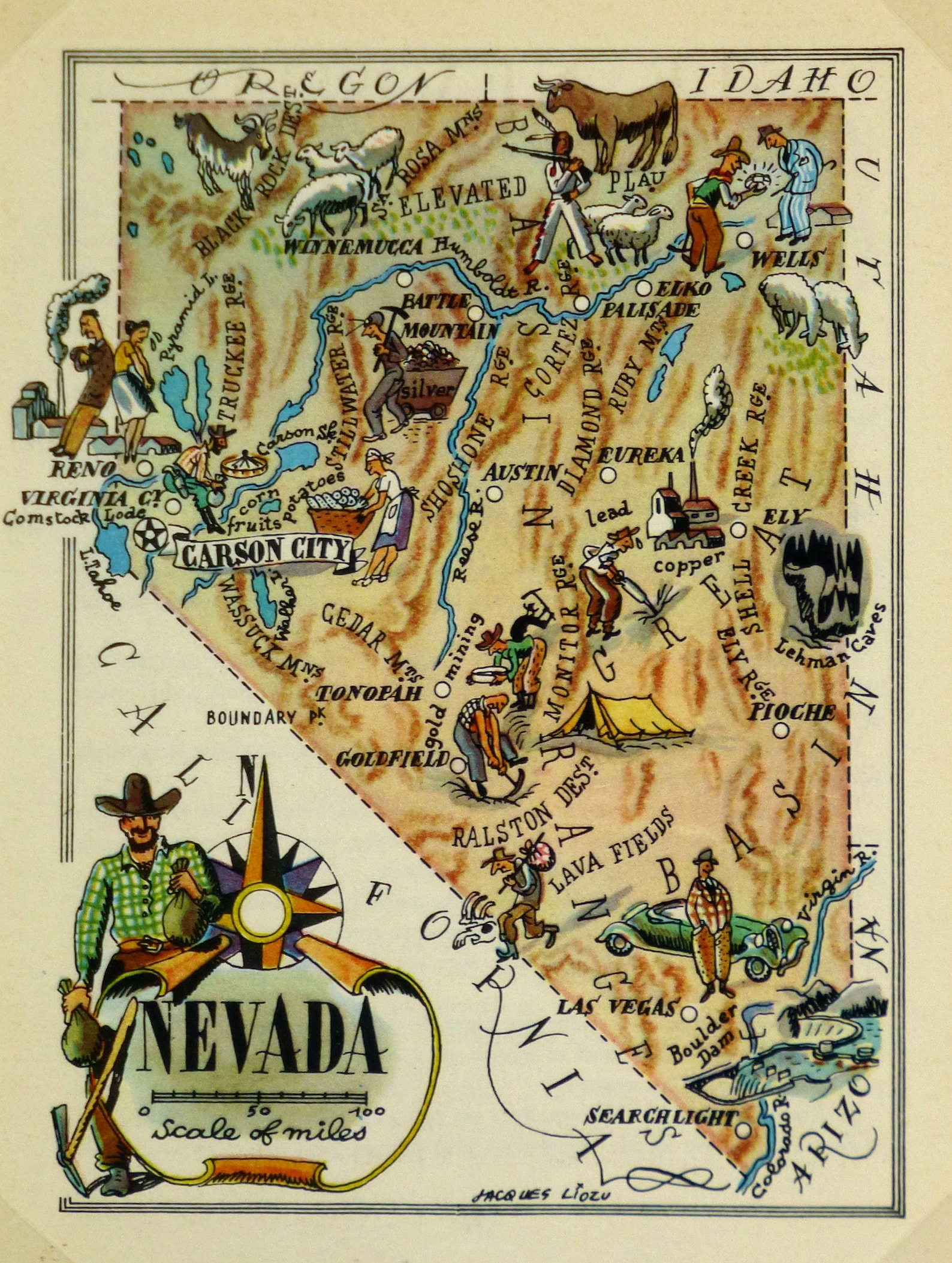 Nevada Original Vintage Pictorial Map (small/index Card Size) - Etsy