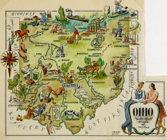 Ohio Original Vintage Pictorial Map small/postcard Size | Etsy