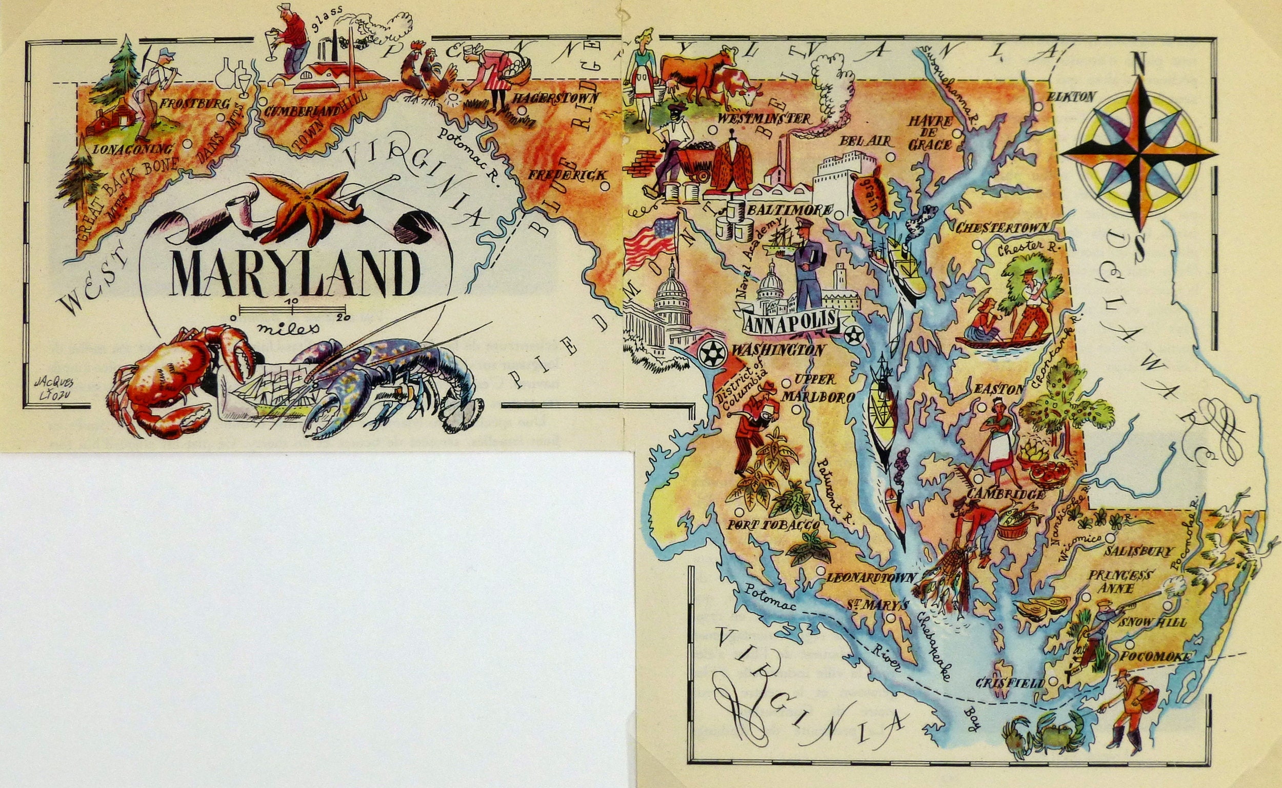 Maryland Original Vintage Pictorial Map (small/index Card Size) - Etsy