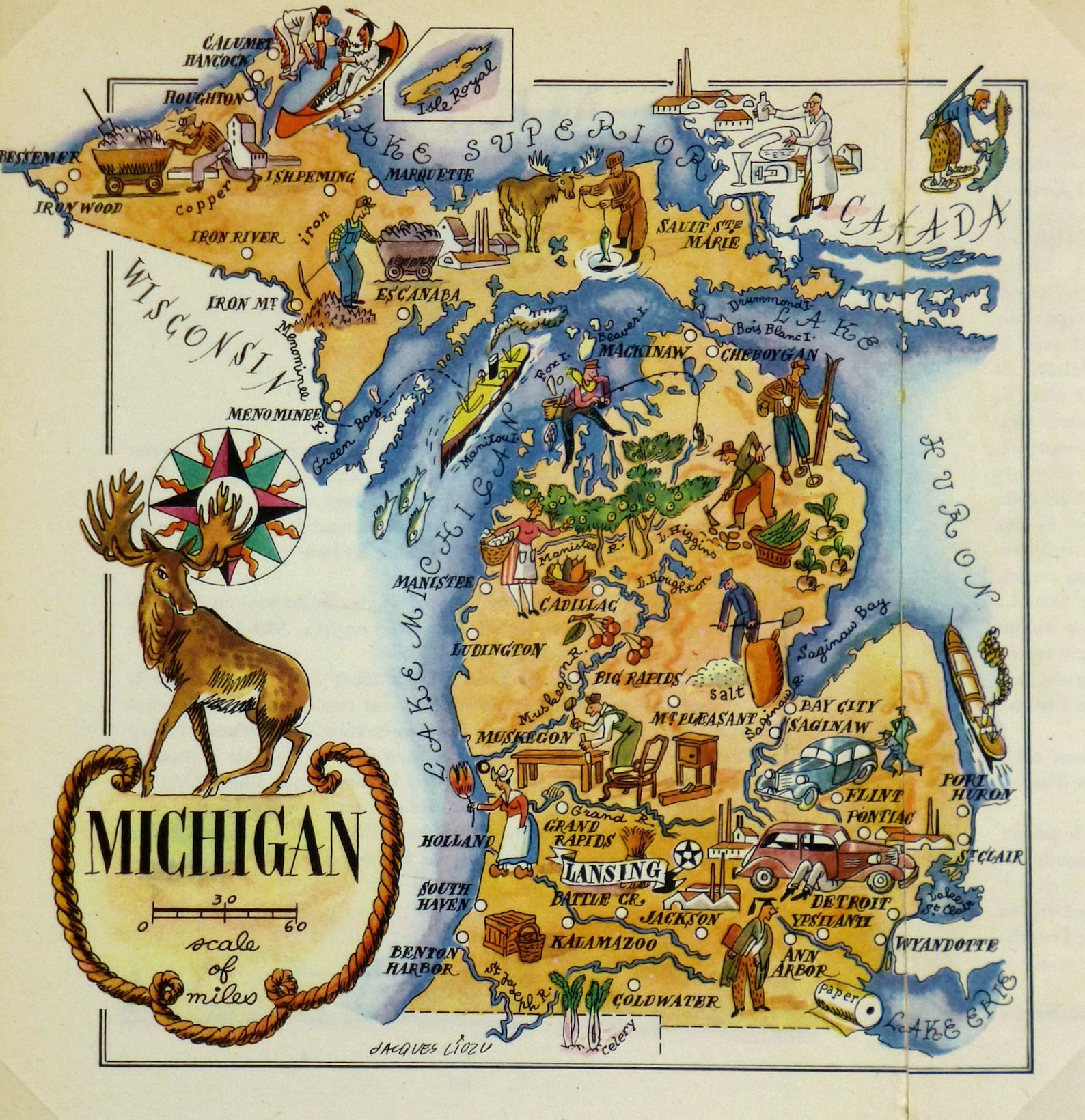 Michigan Original Vintage Pictorial Map (small/index Card Size) - Etsy