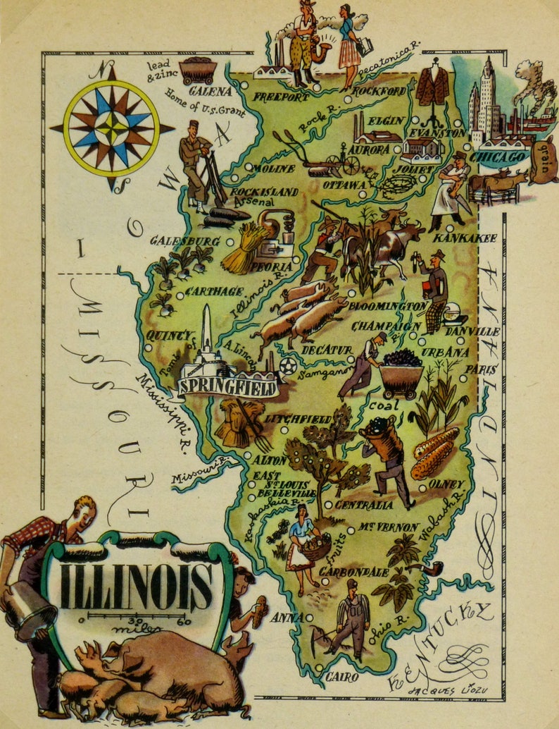 Illinois Original Vintage Pictorial Map (small/index Card Size) - Etsy