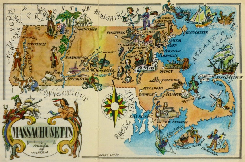 Massachusetts Original Vintage Pictorial Map (small/index Card Size) - Etsy