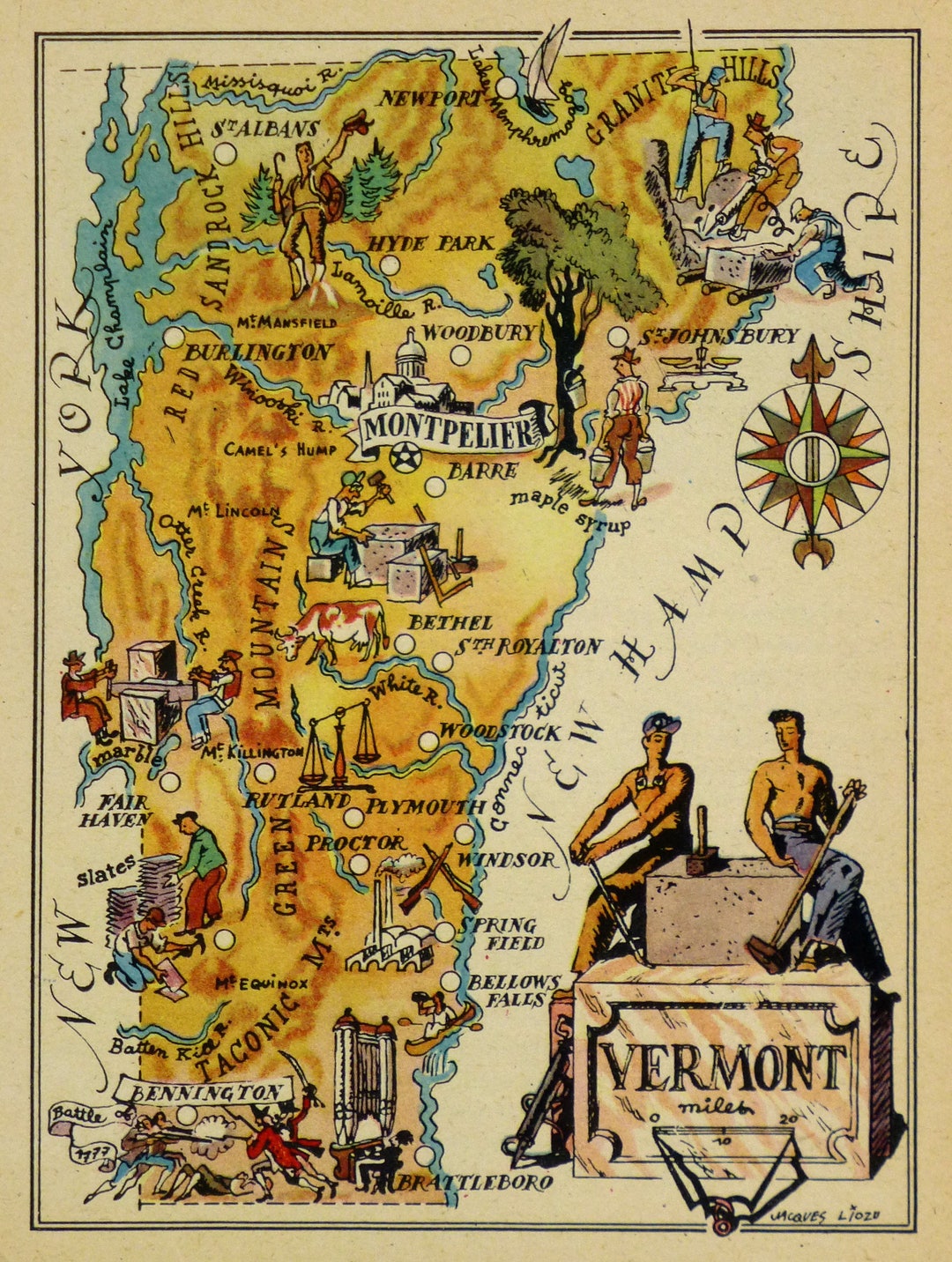 Vermont Original Vintage Pictorial Map (small/index Card Size) - Etsy
