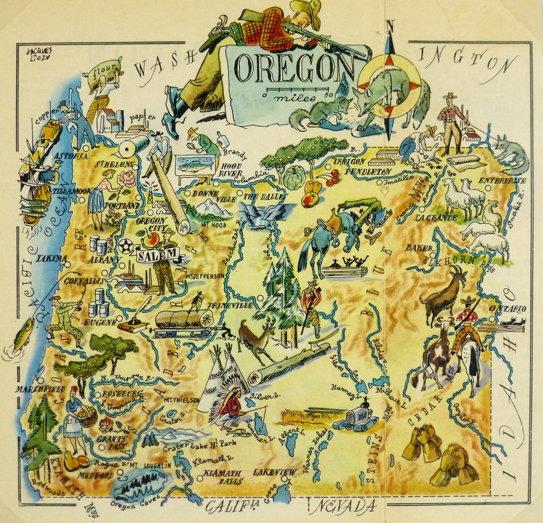 Oregon Original Vintage Pictorial Map (small/index Card Size) - Etsy
