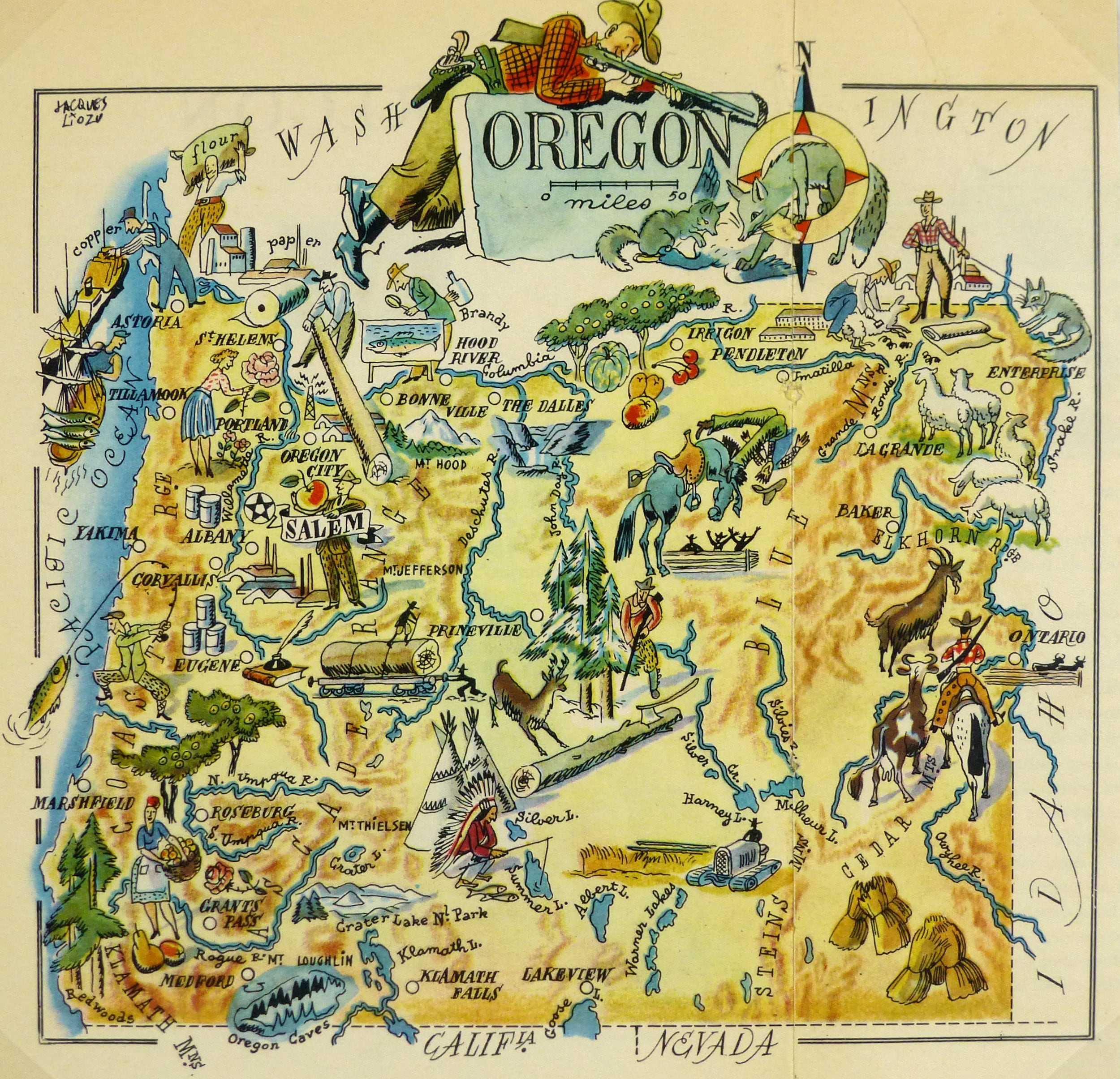 Oregon Original Vintage Pictorial Map (small/index Card Size) - Etsy