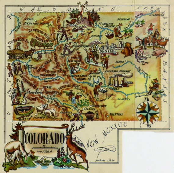Colorado Original Vintage Pictorial Map small/postcard Size | Etsy