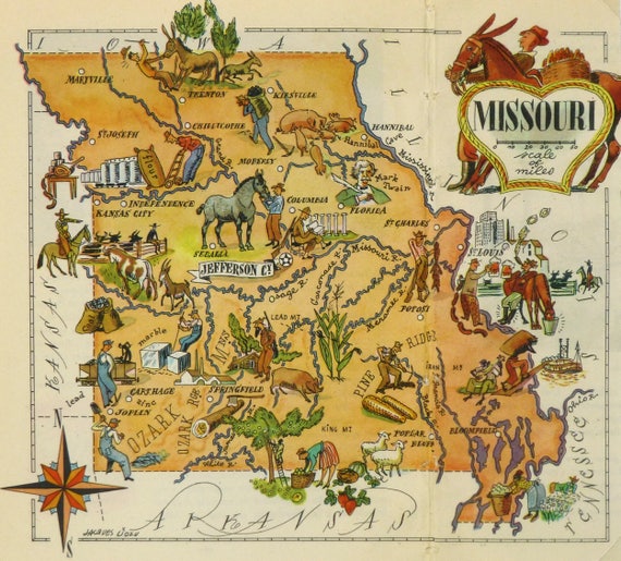 Missouri Original Vintage Pictorial Map small/postcard Size - Etsy
